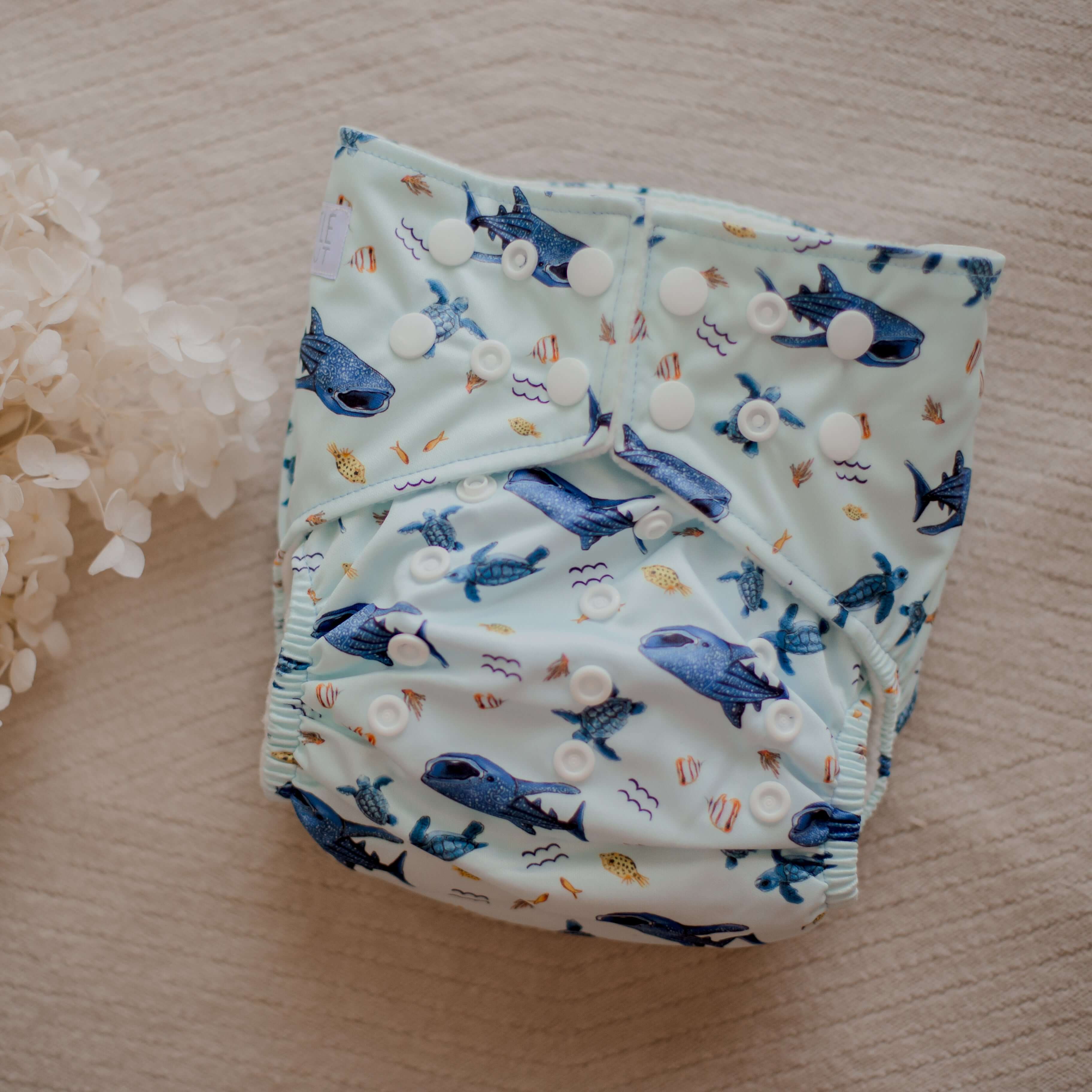 Bamboo Cloth Nappy 2.0 - Blue Whale Sharks by My Little Gumnut